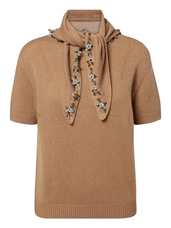 Prada Embellished Tie-neck Cashmere Sweater - Brown