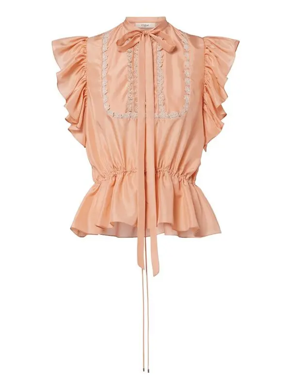 Chloé Ruffled Lace-trimmed Silk Top - Pink