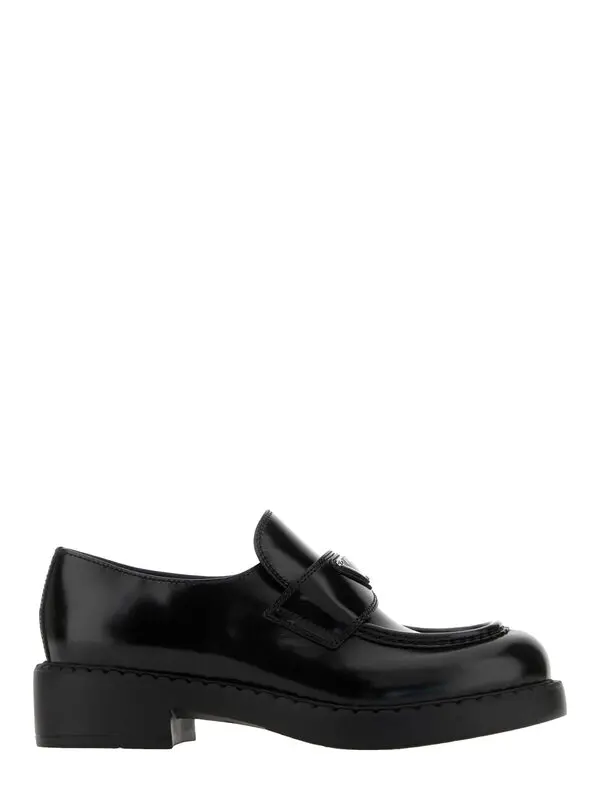 Prada Leather Loafers With Gold Tone Logo - Black