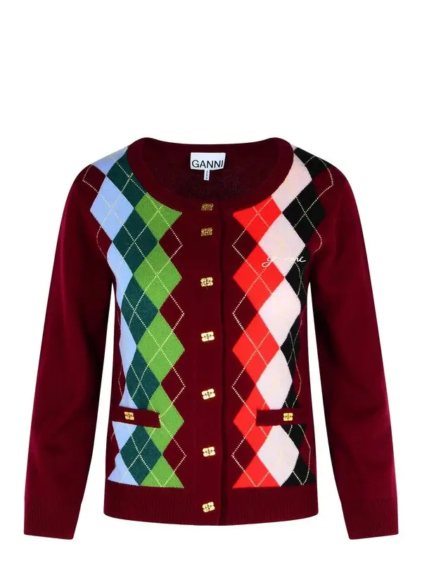 GANNI Burgundy Merino Wool Blend Check Cardigan - Multicolor