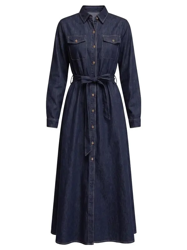 TANTRA SPAIN SL Midi Shirt Dress With Chest Pockets, Flared Skirt, And Belt Dark Denim - Black