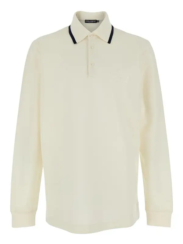 Dolce & Gabbana White T-shirt 'ml Piquet' With Classic Collar And Long Sleeves In Tech Fabric - Multicolor