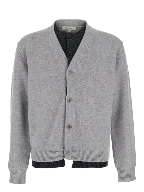 JW Anderson Grey Cardigan With V-neck And Layered Design In Fabric - Gray