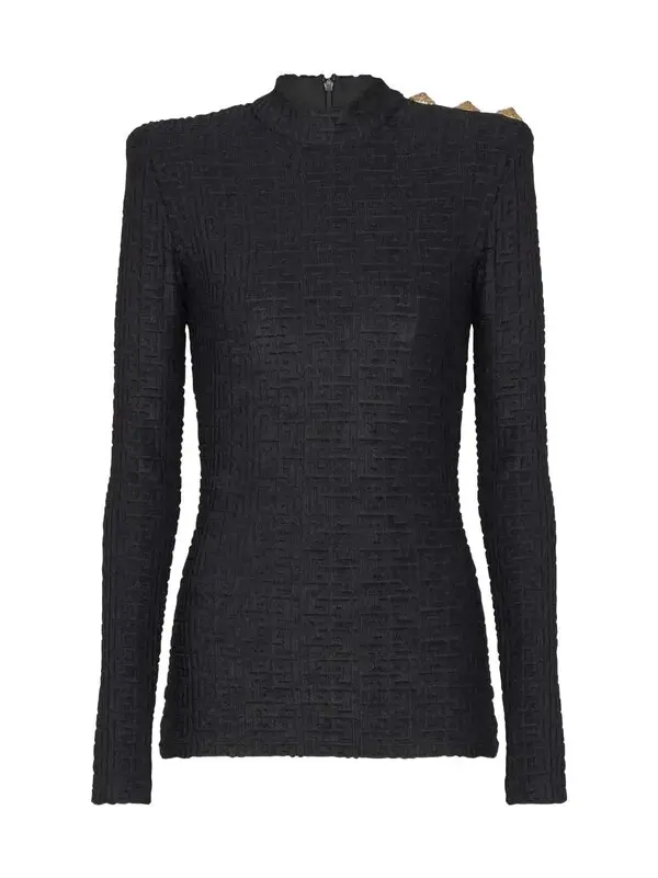 Balmain Ls Bouclette Monogrammed Top - Black