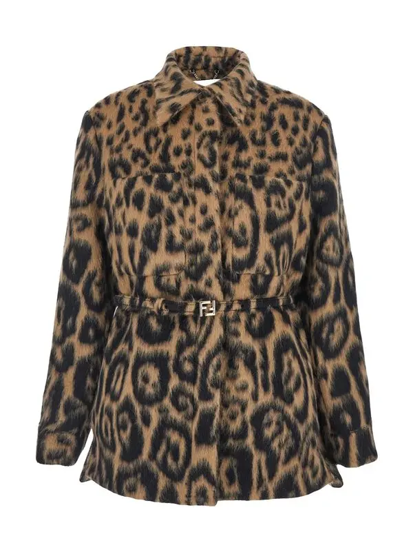 Fendi Leopard Motif Wool Blend Coat With Ff Buckled Belt - Multicolor