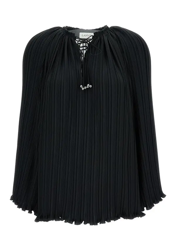 LANVIN Long Sleeve Pleated Blouse Open Neck - Multicolor