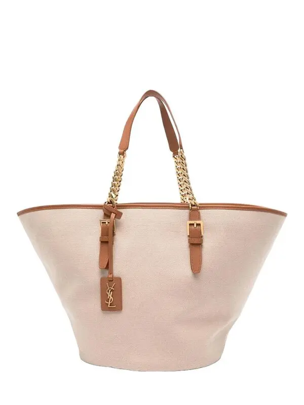 Saint Laurent Canvas Leather Trim Tote Bag - Cream