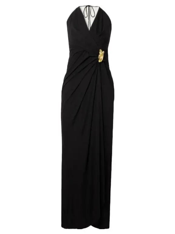 Rebecca Vallance Draped Embellished Jersey Halterneck Maxi Dress - Black