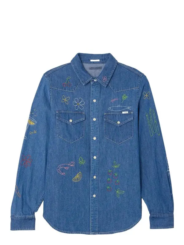 MOTHER Embroidered Western Denim Shirt - Blue