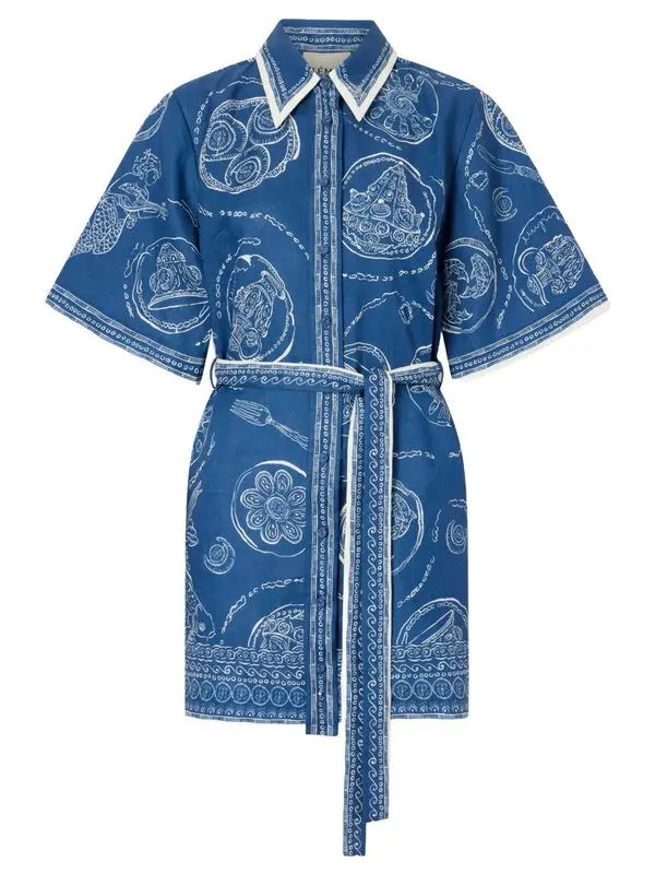 ALEMAIS Printed Linen-blend Mini Dress - Blue