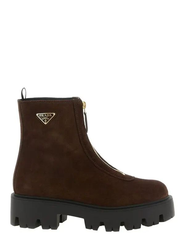 Prada Triangle-logo Zipped Boots - Brown