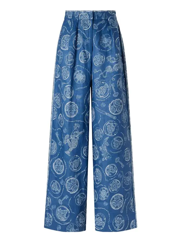 ALEMAIS Lucky Pleated Printed Linen Wide-leg Pants - Blue