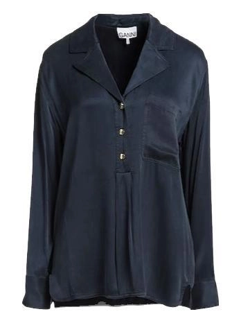 GANNI Satin Camp Collar Long Sleeve Top - Black