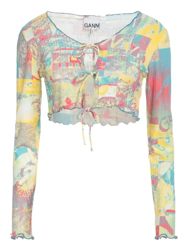 GANNI Printed Cropped Knit Top - Nude