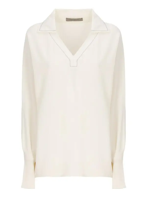 D.exterior Contrast Trim Polo Knitted Top - Ivory