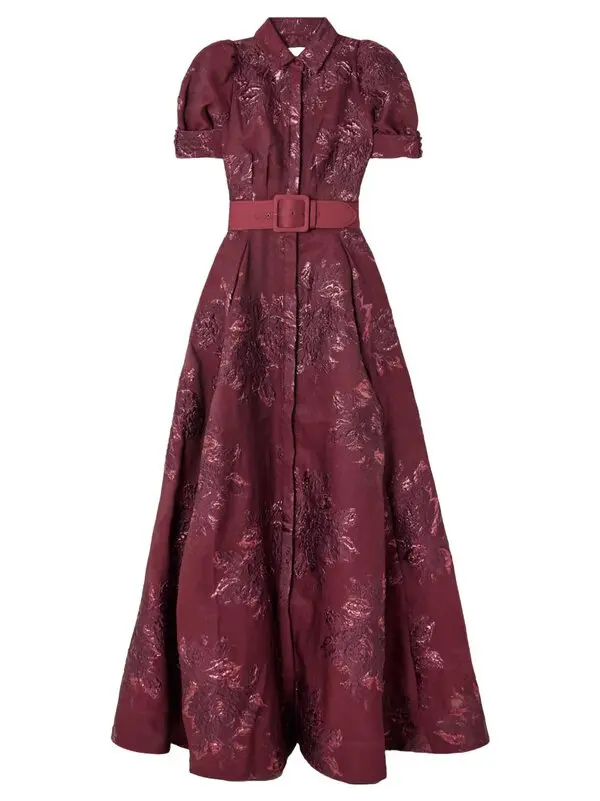 Rebecca Vallance Arlette Belted Metallic Cloqué Gown - Red