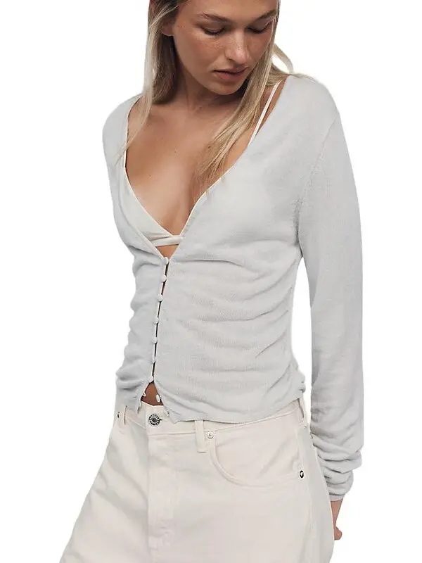 Anthropologie Ruched Long Sleeve Sweater - Light Grey
