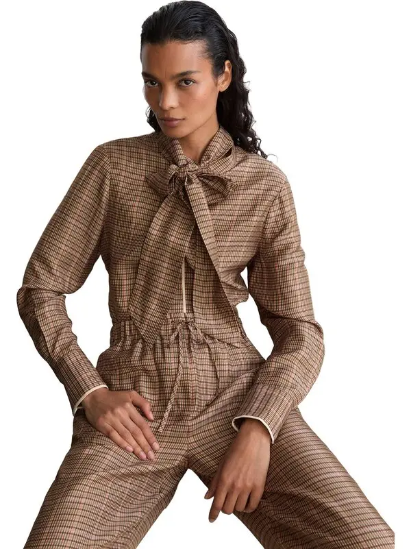 REISS Minnie Check Tie-neck Blouse - Neutral