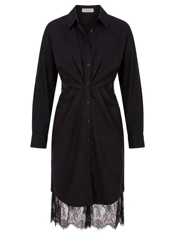 PAISIE Two-piece Shirt Dress Set With Lace Underlay And Waist Cut Outs - Black