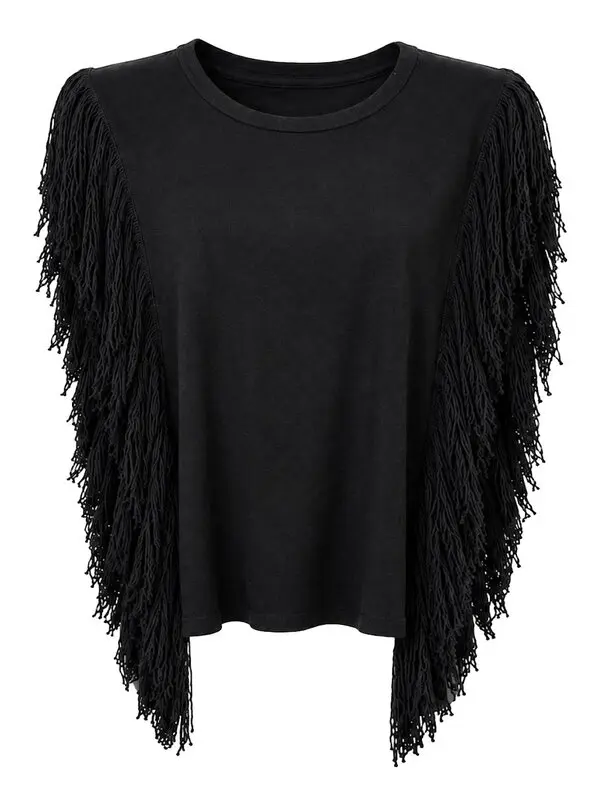 BELLA SOUL Fringe Sleeve Cotton Top - Black
