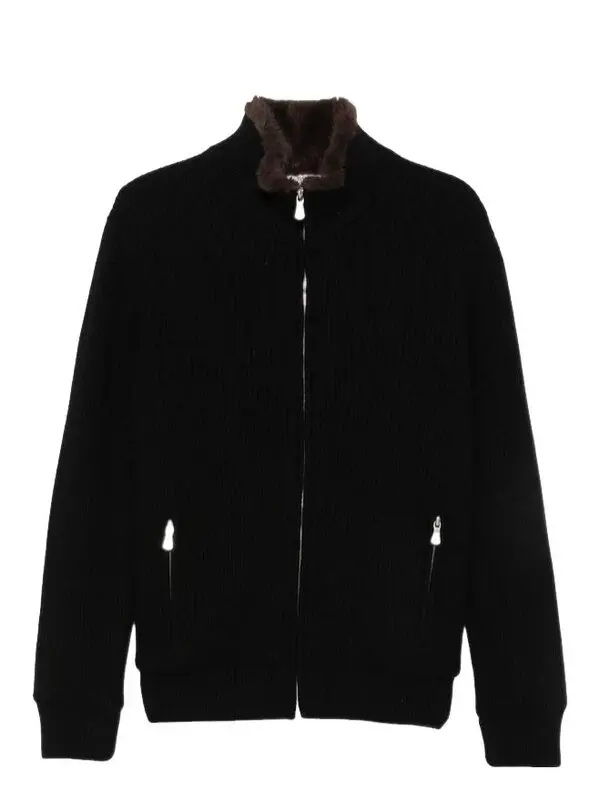 BARBA NAPOLI Ribbed-knit Faux-fur-trim Jacket - Black