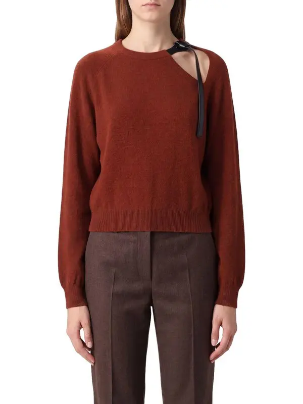 FERRAGAMO Virgin Wool And Cashmere Jumper With Cut-out Shoulders And Bow Detail - Brick Red