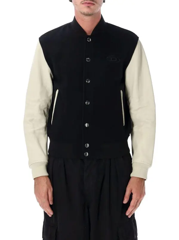 DIESEL® Wool-blend Bomber Jacket With Contrast Logo And Abstract Pattern - Black