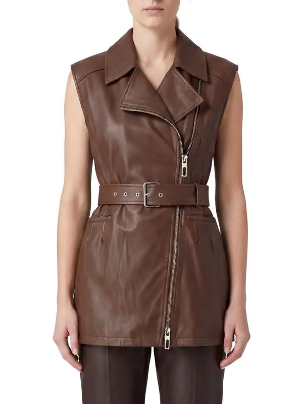 Sportmax Cropped Leather Biker Waistcoat With An Adjustable Waist Belt - Brown