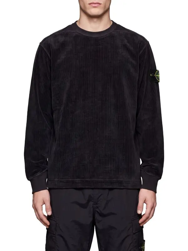 Stone Island Velvet Crewneck Jumper With Ribbed Hems And Compass Logo - Grey