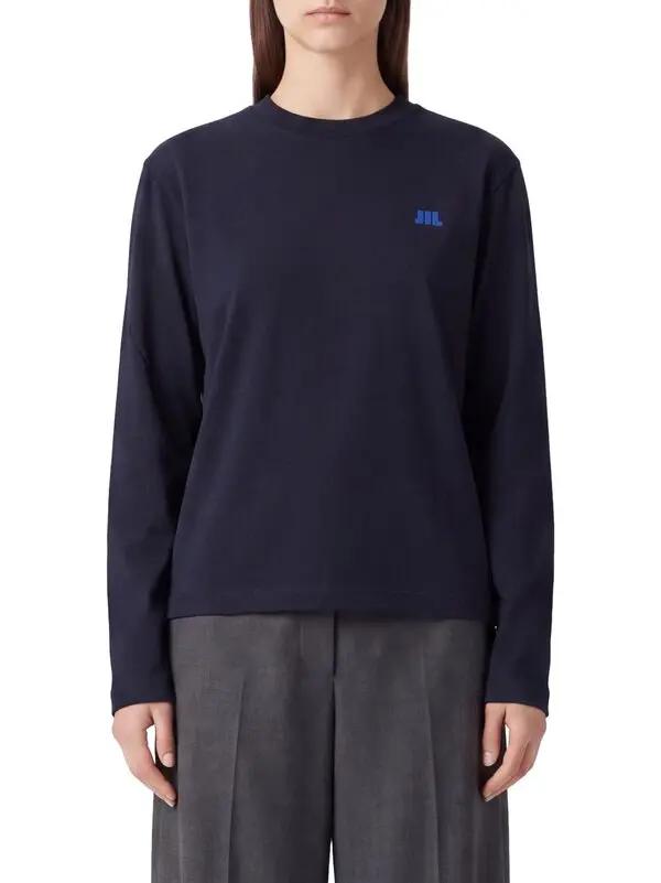 JIL SANDER Long-sleeved Cotton T-shirt With Contrast Logo - Blue
