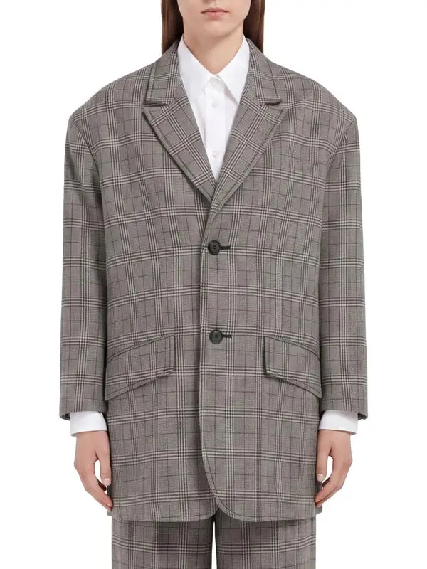 Marni Oversized Single-breasted Tartan Virgin Wool Short Coat - Black