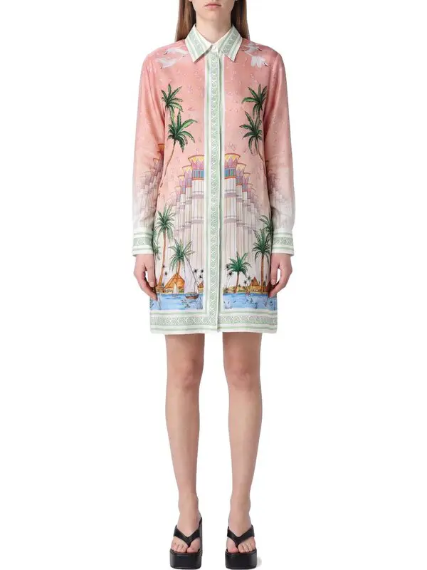 Casablanca Long-sleeved Silk Mini Shirtdress With Tropical Floral Print - Multicolor