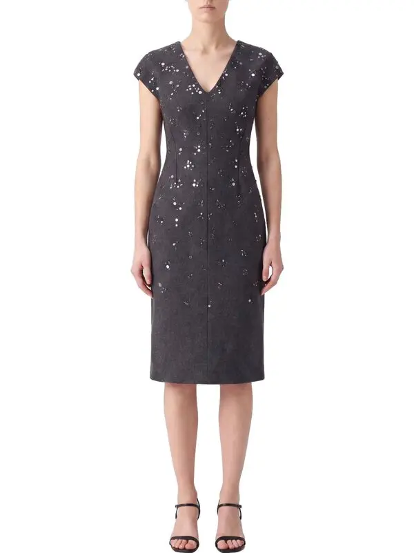 JIL SANDER Virgin Wool Midi Sheath Dress With Sequins And Slit - Grey