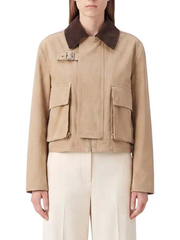 Loewe Cropped Cotton Shirt Jacket With Velvet Collar - Beige
