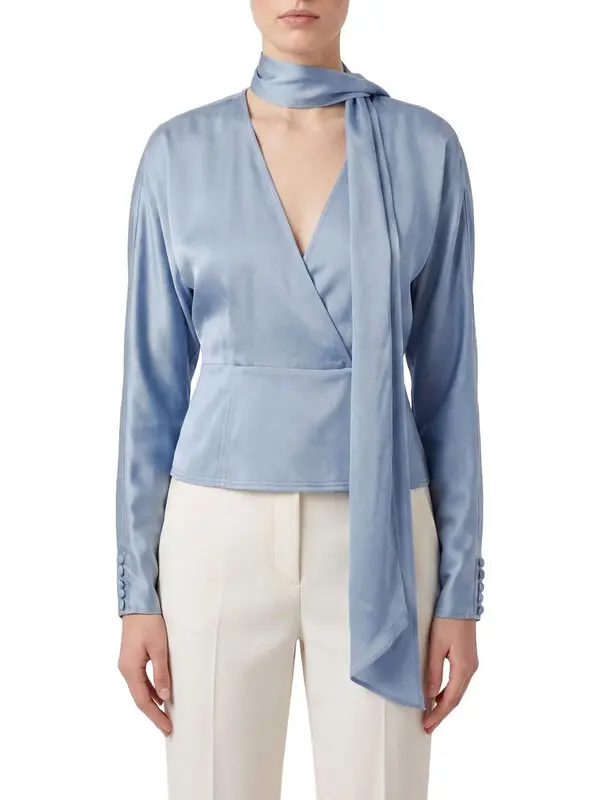 GANNI Pussy-bow Long-sleeved Satin Blouse With Dropped Shoulders - Gnawed Blue