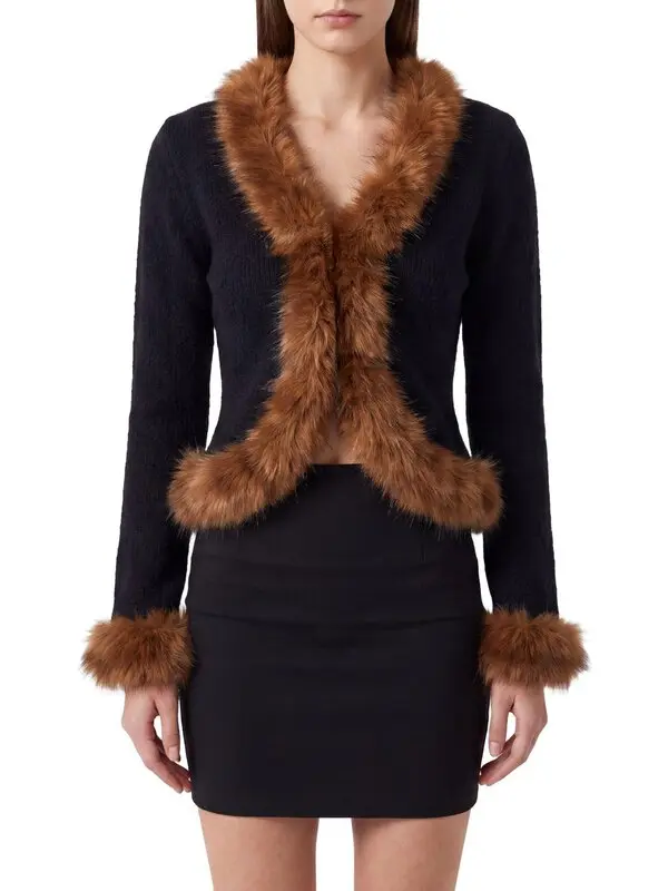 SELF-PORTRAIT V-neck Cardigan In Alpaca-wool Blend With Faux-fur Cuffs - Black