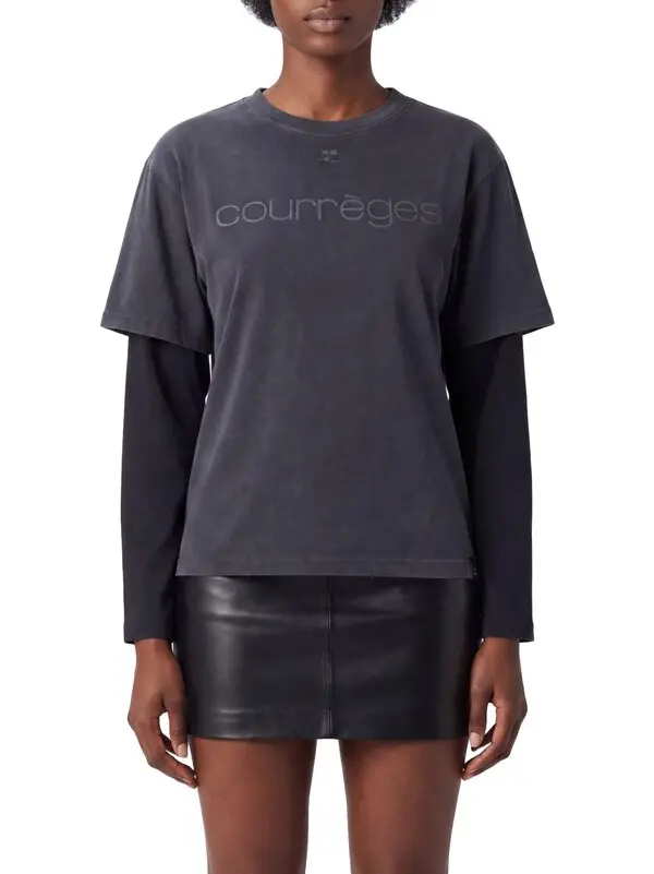 COURREGES Long-sleeved Cotton T-shirt With Tone-on-tone Logo - Grey