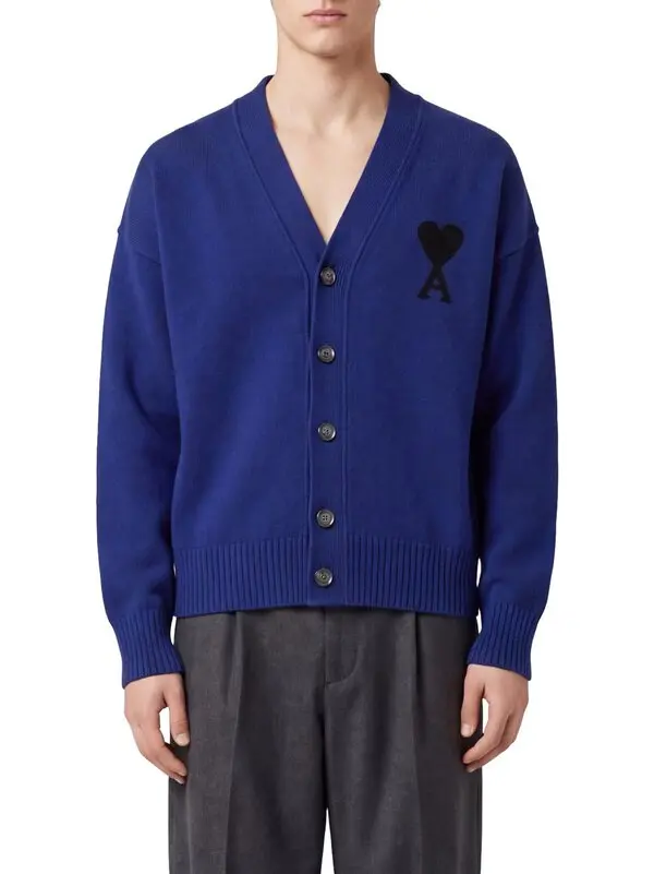 AMI Paris V-neck Wool Cardigan - Blue
