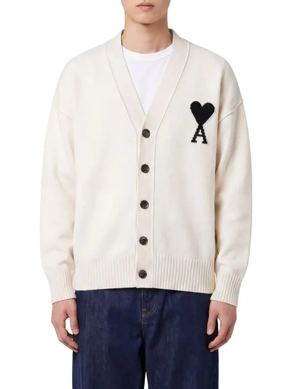 AMI Paris V-neck Wool Cardigan With Contrast Logo - Ecru