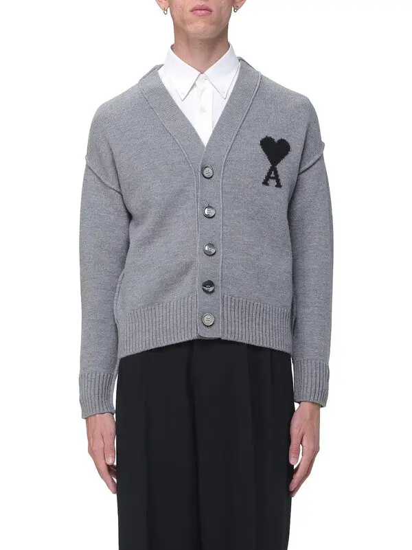 AMI Paris V-neck Wool Cardigan - Grey