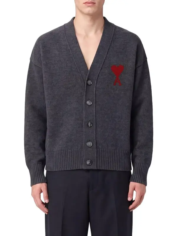 AMI Paris V-neck Wool Cardigan - Red