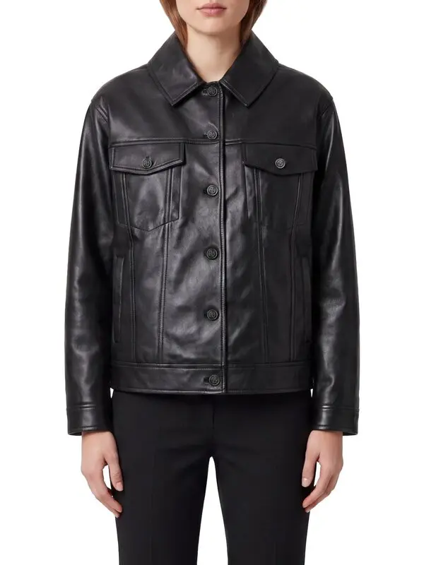 ANINE BING Calfskin Leather Jacket With Classic Collar And Patch Pockets - Black