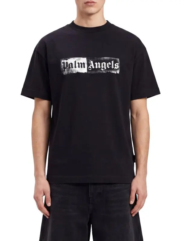 Palm Angels Crewneck Cotton T-shirt With Printed Logo And Dropped Shoulders - Black