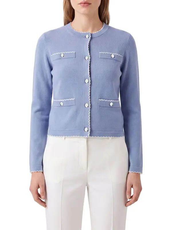 Tory Burch Slim Fit Wool Cardigan With Crew Neck And Patch Pockets - Blue