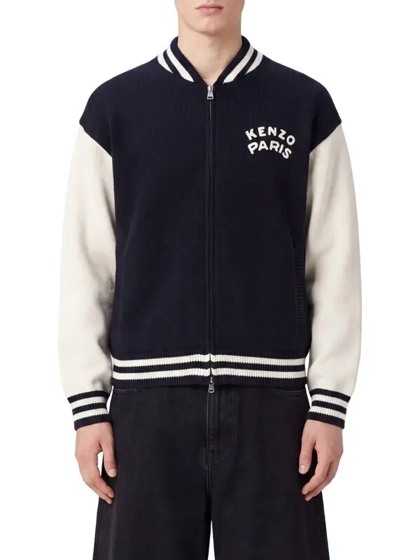 Kenzo Zipped Cotton Cardigan With Contrast Logo And Side Slit Pockets - Black