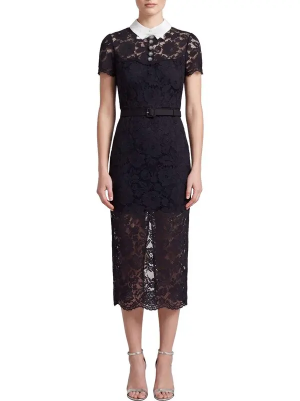 SELF-PORTRAIT Midi Lace Sheath Dress With Jewel Buttons And Belt - Black
