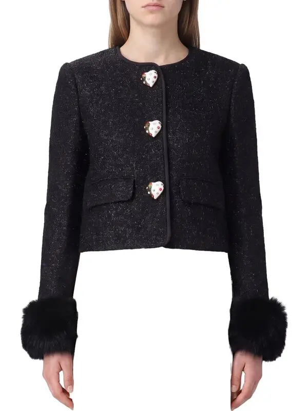 SELF-PORTRAIT Cropped Bouclé Blazer With Jewel Buttons And Fur Cuffs - Black