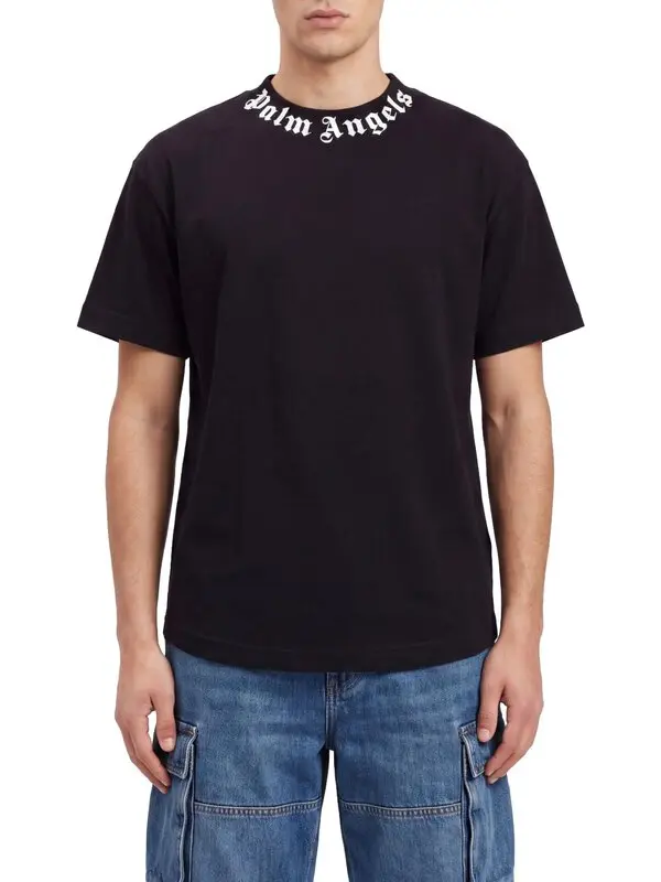 Palm Angels Crewneck Cotton T-shirt With Logo Print And Curved Hem - Black