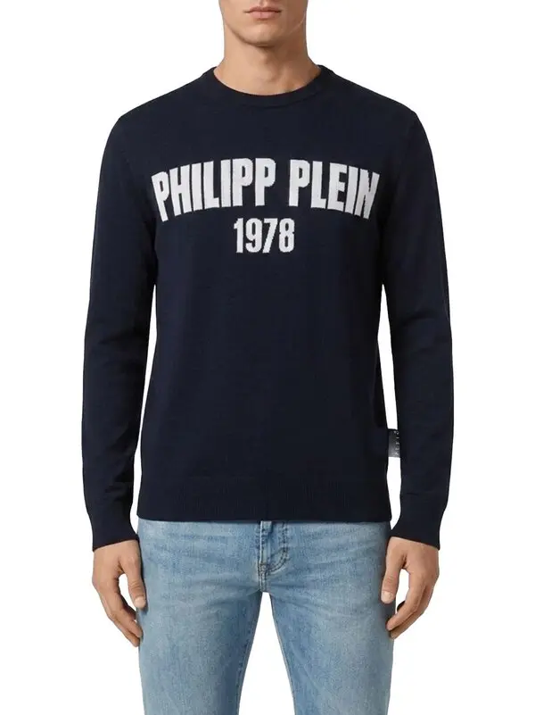 Philipp Plein Wool And Cotton Blend Crewneck Jumper With All-over Jacquard Logo Pattern - Blue