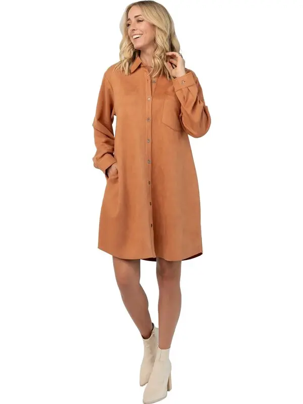 IN FEBRUARY Owen Faux Suede Shirt Dress - Camel